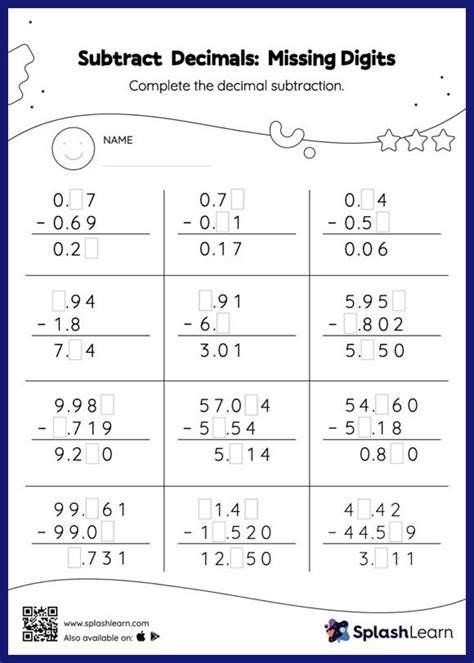 Subtract Decimals Missing Digits Math Worksheets Splashlearn