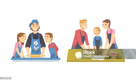 부엌에서 만두를 요리하는 가족 세트 부모와 자녀가 함께 시간을 보내는 만화 벡터 일러스트 레이 션 부엌에 대한 스톡 벡터 아트 및 기타 이미지 Istock