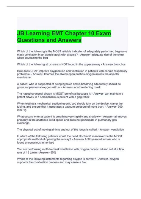 JB Learning EMT Chapter 10 Exam Questions And Answers 2024 EMT JB Learning Stuvia US