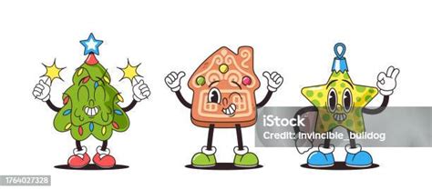 축제 그루브 캐릭터 진저 브레드 하우스 장식 된 나무 와 스타 장난감 설정 그만큼 크리스마스 장면 벡터 일러스트 1970