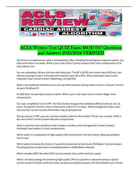Acls Written Test Quiz Exam Mod 007 Questions And Answers 100 Verified Acls Stuvia Us