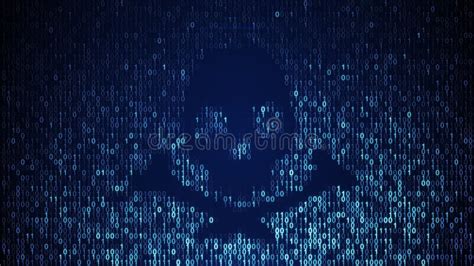 blue skull shape of binary code on screen stock illustration