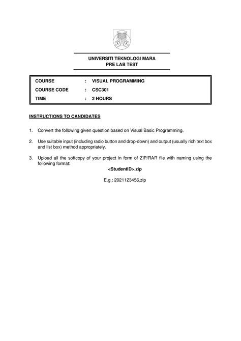 CSC301 Pre Lab Test Exercise UNIVERSITI TEKNOLOGI MARA PRE LAB TEST