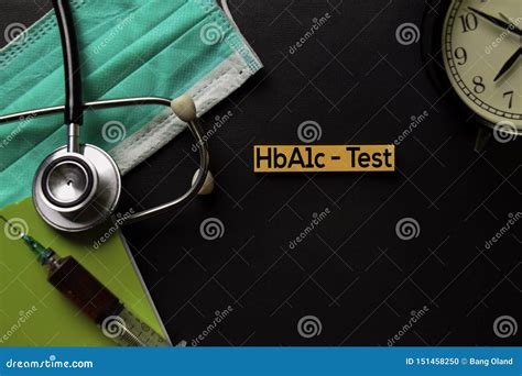 HbA1c Test Text On Top View Black Table With Blood Sample And Healthcare Medical Concept Stock