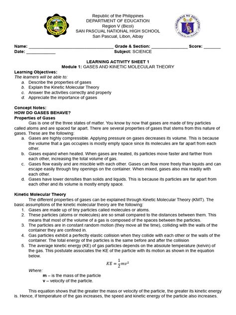 Learning Activity Sheet 1 Science 10 Pdf Gases Temperature