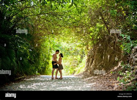 Couple Walking Down Tree Arched Path Stock Photo Alamy