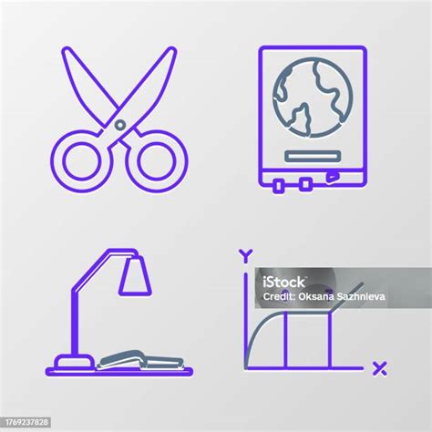 선 파이 차트 인포 그래픽 테이블 램프와 열린 책이있는 직장 학교 칠판의 세계지도 및 가위 아이콘을 설정합니다 벡터 가구에 대한 스톡 벡터 아트 및 기타 이미지 Istock