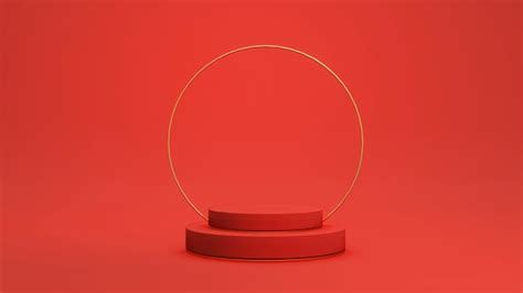 레드 골드 연단의 3d 렌더링 개념 제품 스탠드 빨간색 연단과 황금 둥근 요소는 상업 디자인을 위해 구성되었습니다 밝은 빨간색