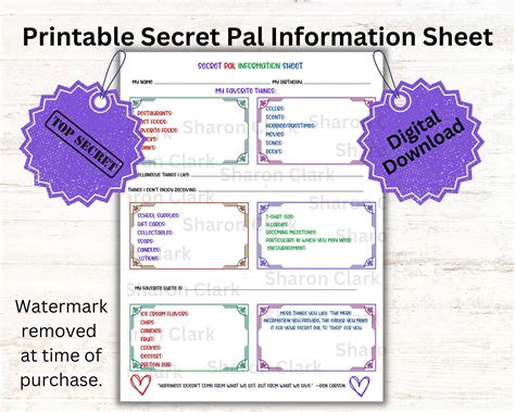 Secret Pal Information Sheet Secret Pal Information Form Colorful
