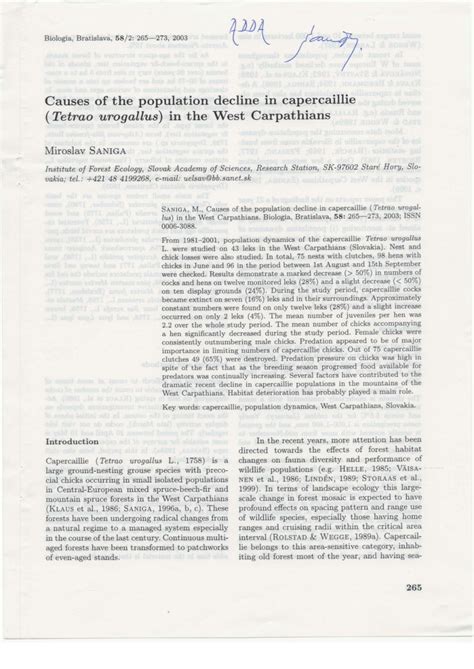 Pdf Causes Of The Population Decline In Capercaillie Tetrao Urogallus In The West Carpathians