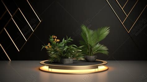 제품 쇼케이스 가정용 식물과 화려한 금 장식을 갖춘 팔각형 연단의 놀라운 3d 렌더링 3d 식물 배경 화려 배경 연단 배경 이미지 Hd 3d 식물 화려 연단 배경