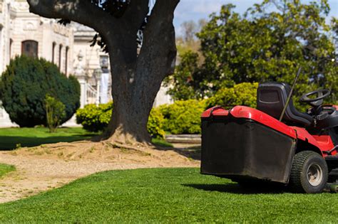 뒤뜰에서 녹색 잔디를 절단 오래 된 잔디 깎는 기계 원 예 배경 날에 대한 스톡 사진 및 기타 이미지 날 녹색 농업 기계