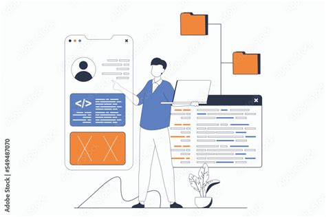 App Development Concept With People Scene In Flat Outline Design Man Develops Mobile App