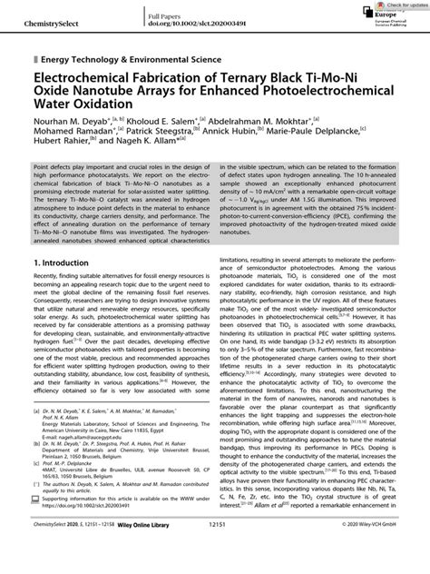 Electrochemical Fabrication Of Ternary Black Ti Mo Ni Oxide Nanotube