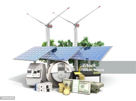 화이트에 태양 전지 패널과 풍차 전기 3d 렌더링의 미터 근처를 절약 에너지의 개념 가격에 대한 스톡 사진 및 기타 이미지