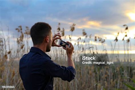 남자는 야외에서 자신의 휴대 전화를 사용 클로즈업 자연에서 모바일로 사진을 찍어 내 손에 스마트 폰으로 순간을 캡처합니다 갈대속 벼과에 대한 스톡 사진 및 기타 이미지