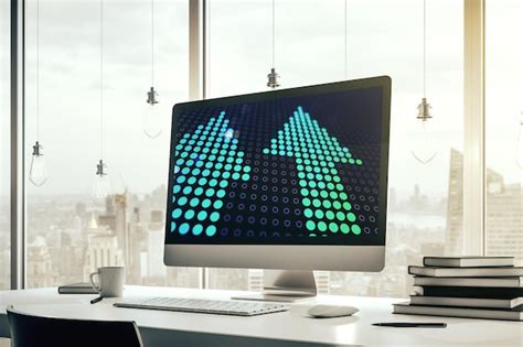 현대 컴퓨터 모니터 리더십 및 동기 부여 개념 3d 렌더링에 대한 창의적인 추상 위쪽 화살표 홀로그램 프리미엄 사진