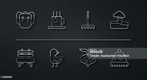 학교 배낭 벤치 버섯 사탕무 작은 병아리 티백이 든 차 한잔 겨울 모자 및 정원 갈퀴 아이콘을 설정합니다 벡터 0명에 대한 스톡