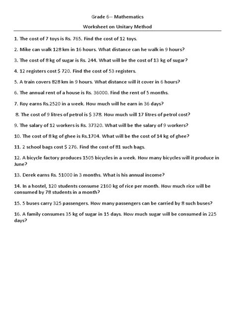 Grade 6 Worksheet Unitary Method Pdf