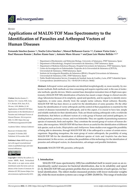 Pdf Applications Of Maldi Tof Mass Spectrometry To The Identification Of Parasites And