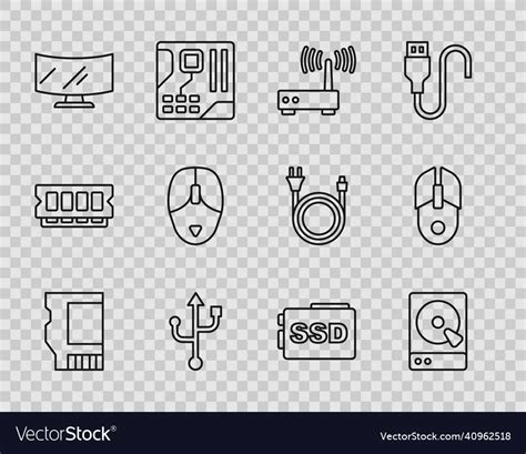 Set Line Sd Card Hard Disk Drive Hdd Router Vector Image