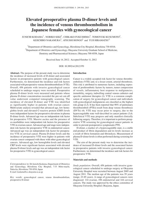Pdf Elevated Preoperative Plasma D Dimer Levels And The Incidence Of