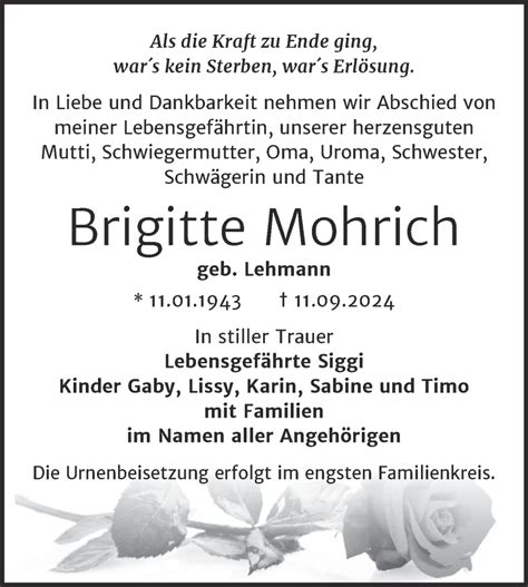 Traueranzeigen Von Brigitte Mohrich Abschied Nehmende
