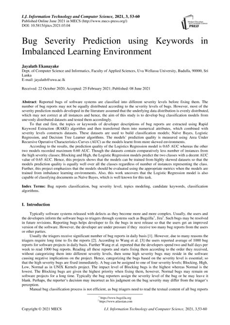 Bug Severity Prediction Using Keywords In Imbalanced Learning Environment Ijitcs