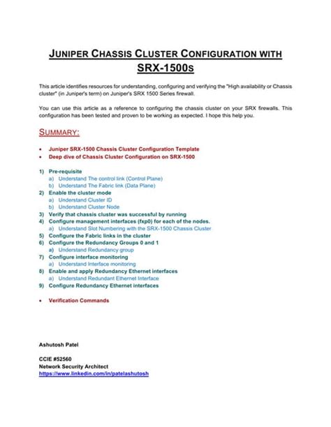 Juniper Chassis Cluster Configuration With Srx 1500s Pdf