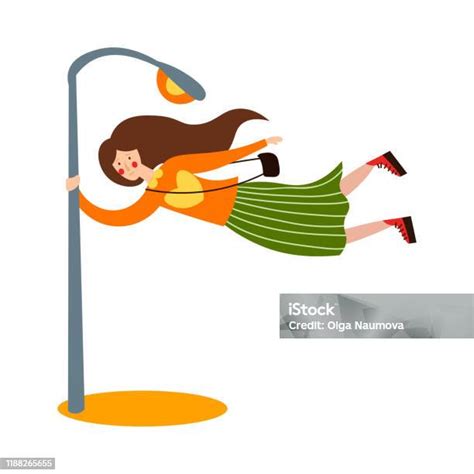 귀여운 갈색 머리 소녀는 바람에 의해 불면 그녀는 장대를 붙잡고 있다 평면 만화 스타일의 벡터 일러스트레이션입니다 가공의 인물에 대한 스톡 벡터 아트 및 기타 이미지