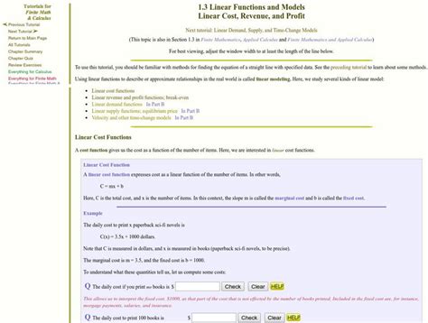 Finite Mathematics And Applied Calculus Linear Cost Revenue And Profit Activity For 9th 10th