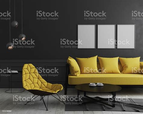 빈 수직 포스터 프레임 은 검은 벽과 세련된 노란색 소파와 커피 테이블 근처 디자인 안락 의자 우아한 고급 스러움 3d 렌더링 현대 방 인테리어 배경에서 조롱 0명에 대한