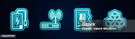 세트 라인 보조 배터리 라우터 및 Wifi 마이크로 Sd 메모리 카드 및 아이소 메트릭 큐브 빛나는 네온 아이콘입니다 벡터 3