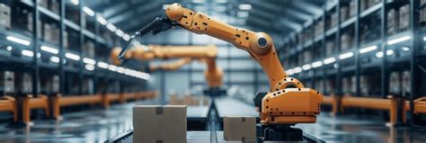 Robotic Arm In An Automated Warehouse Handling Packages Representing Advanced Logistics And