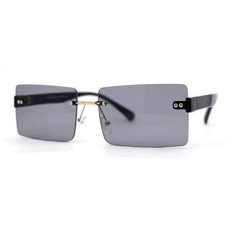 Mens Classic Minimal Thin Rectangle Rimless Sunglasses All Black