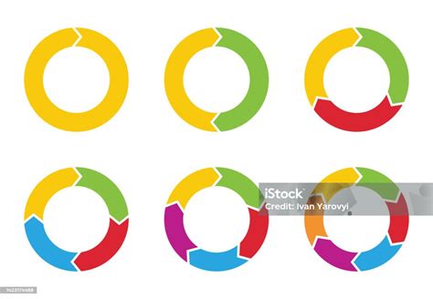 원형 차트 집합입니다 1 2 3 4 5 6 섹션 또는 단계가있는 다채로운 다이어그램 컬렉션 인포 그래픽 Ui 웹 디자인 비즈니스 프리젠 테이션을위한 서클 아이콘 벡터
