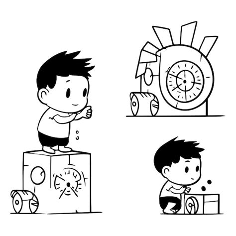 만화 소년과 시계 소년과 시계를 프리미엄 벡터