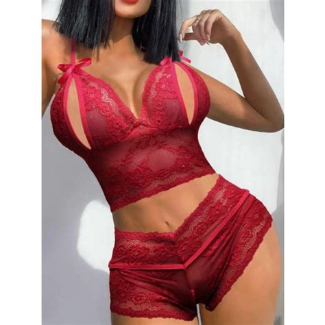 Intimates And Sleepwear Xlarge 12 Red Floral Lace Cutout Lingerie Set