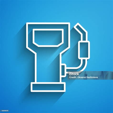 파란색 배경에 격리 된 흰색 라인 가솔린 또는 주유소 아이콘 자동차 연료 기호 가솔린 펌프 긴 그림자 벡터 0명에 대한 스톡