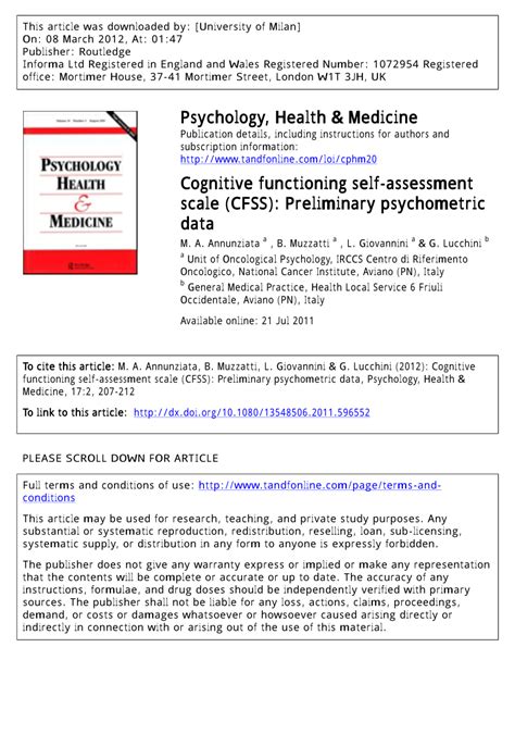 Pdf Cognitive Functioning Self Assessment Scale Cfss Preliminary Psychometric Data