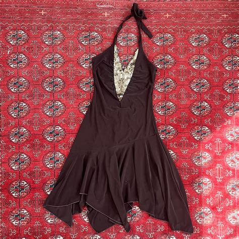 Authentic Early 2000s Sequin Brown Halter Dress With Depop