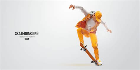 흰색 배경에 스케이트보더의 현실적인 실루엣 스케이트 보더 남자가 트릭을하고 있습니다 스트리트 스케이트보드 벡터 그림 3차원 형태에 대한 스톡 벡터 아트 및 기타 이미지