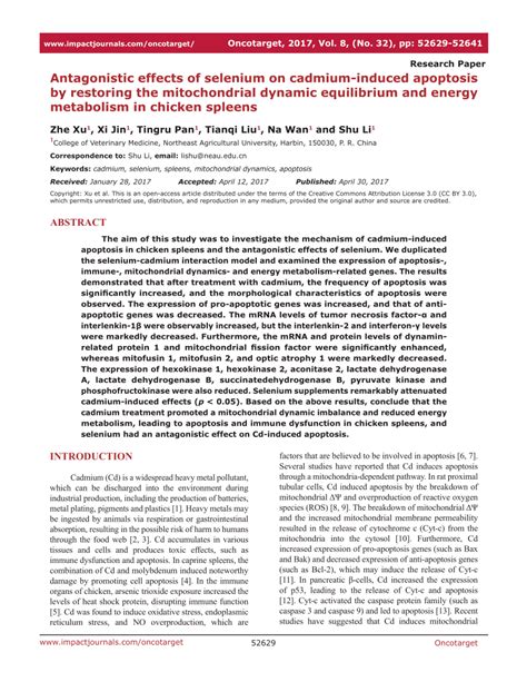 Pdf Antagonistic Effects Of Selenium On Cadmium Induced Apoptosis By Restoring The