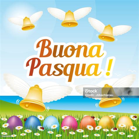 아름 답 고 다채로운 행복 한 부활절 인사말 카드 부활절 달걀과 종소리와 함께 이탈리아 벡터 일러스트 레이 션 나 검색에 대한 스톡 벡터 아트 및 기타 이미지 Istock