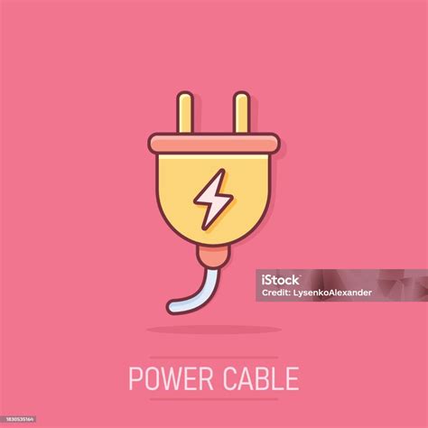 만화 스타일의 벡터 만화 전기 플러그 아이콘 전원 와이어 케이블 사인 일러스트 그림 그림 와이어 비즈니스 스플래시 효과 개념 누름 버튼에 대한 스톡 벡터 아트 및 기타