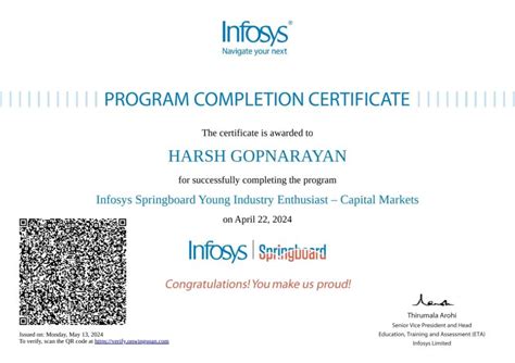 Harsh Gopnarayan On Linkedin Course Completion Certificate Of Infosys