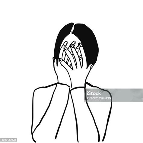 비즈니스 우먼의 벡터 일러스트 캐릭터는 손으로 얼굴을 덮고 울고 슬프고 시도하고 포기하고 실패하고 슬픔에 빠졌다 선 그리기 스케치 낙서 스타일 쇼크에 대한 스톡 벡터 아트