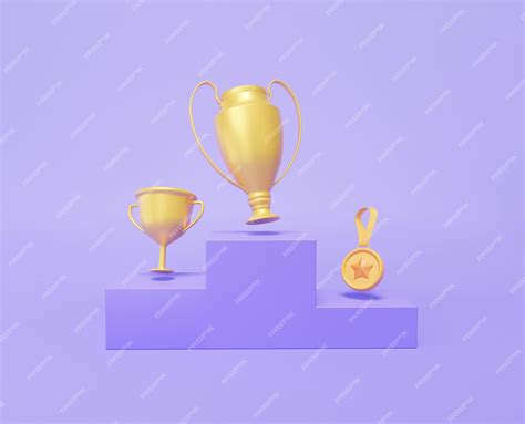 보라색 배경 3d 렌더링 그림에서 스타와 받침대 챔피언 첫 번째 승자 개념에 첫 번째 두 번째 및 세 번째 황금 트로피 컵