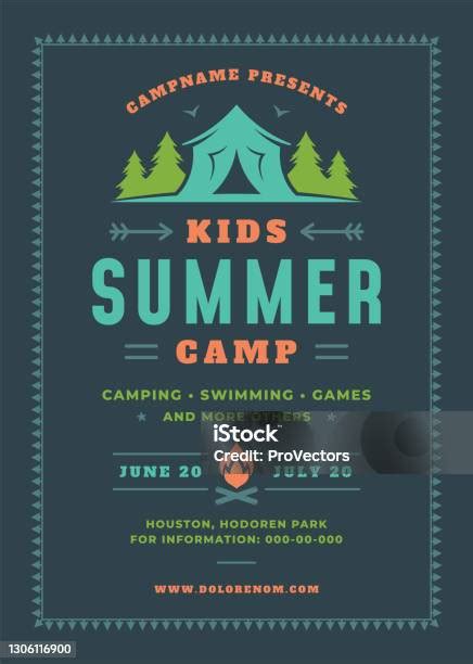 키즈 여름 캠프 포스터 또는 전단지 이벤트 복고풍 타이포그래피 디자인 템플릿 과 숲 랜스 케이프 및 텐트 배경 여름 캠프에 대한 스톡 벡터 아트 및 기타 이미지 Istock