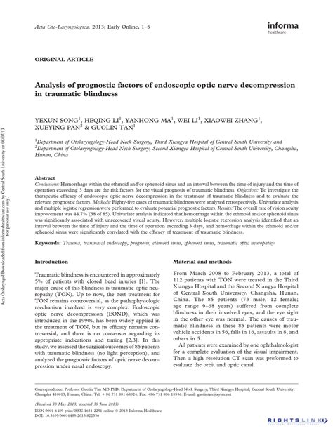 Pdf Analysis Of Prognostic Factors Of Endoscopic Optic Nerve